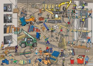 Building/construction site hazard spotting cartoon... - Safety Cartoon ...