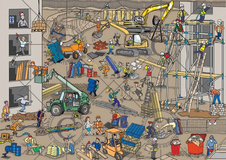Building/construction site hazard spotting cartoon... - Safety Cartoon ...