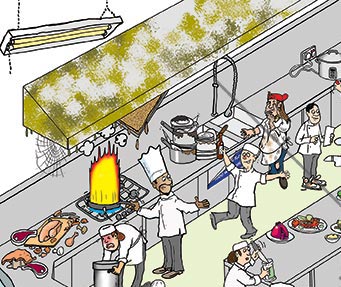 How to fight against kitchen restaurant fire hazards | Safety Cartoon ...