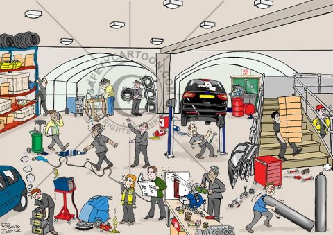 Hazard spotting cartoon for a car repair workshop | Safety Cartoon ...